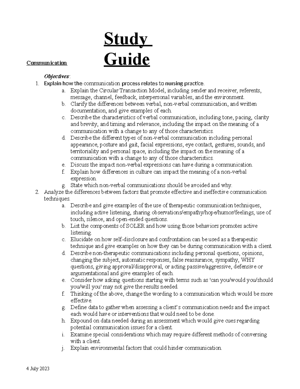 Study Guide Communication - Communication Objectives: 1. Explain how ...