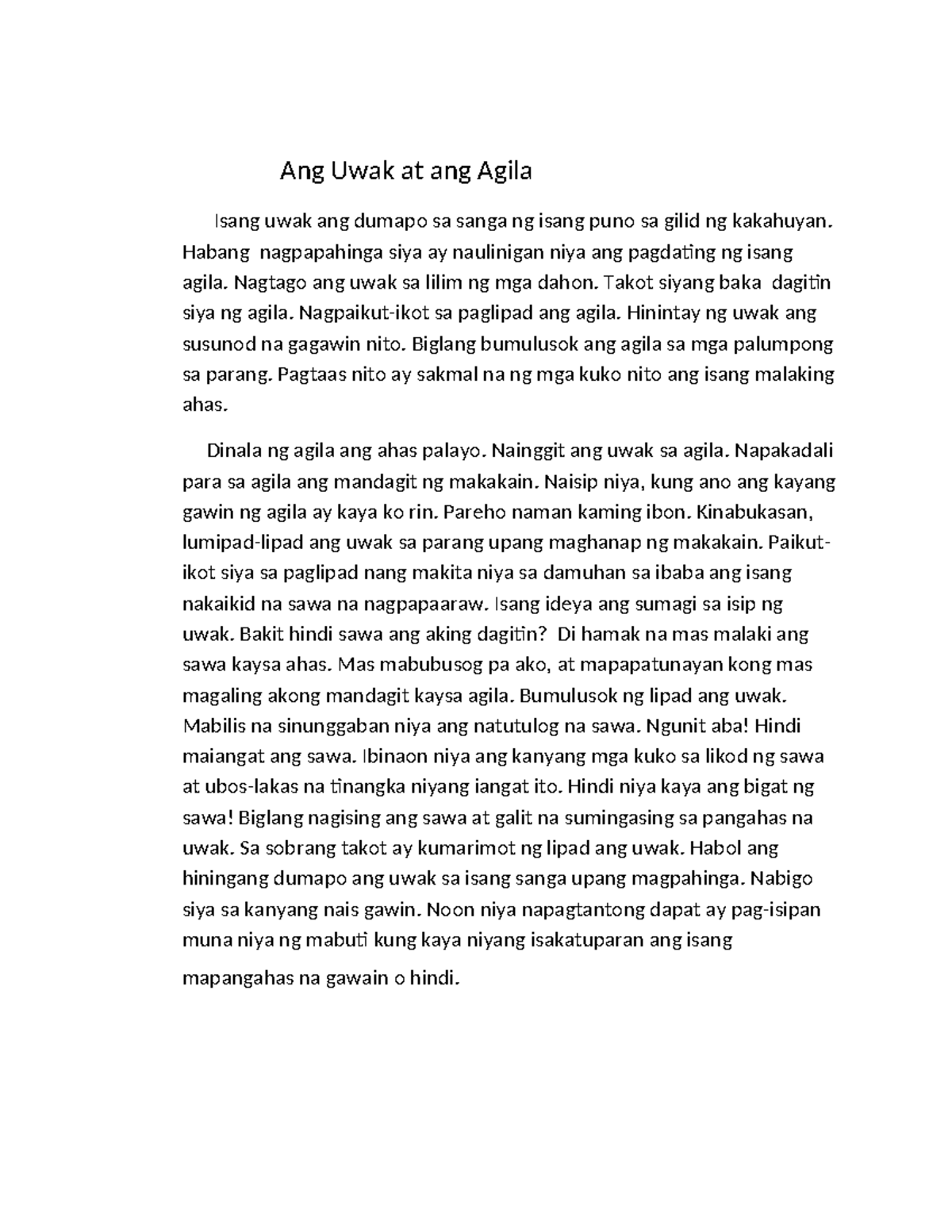 215297541 Ang Uwak at Ang Agila - Ang Uwak at ang Agila Isang uwak ang ...
