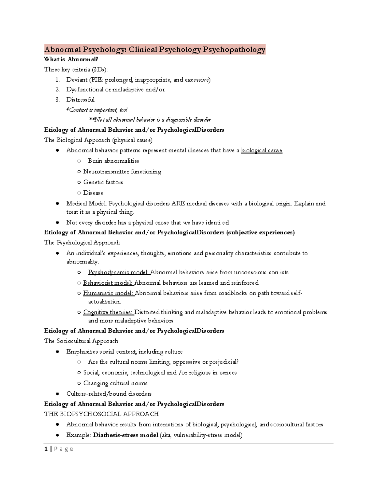 Unit 8 Clinical Psychology Notes - 1 | P a g e Abnormal Psychology ...