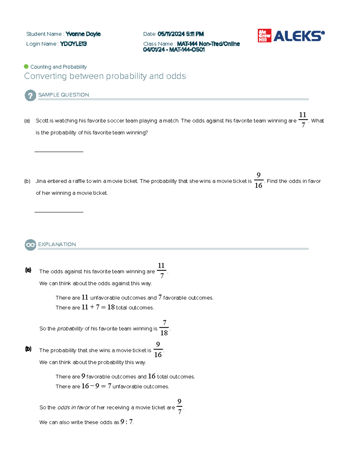 Converting between probability and odds 2 - Student Name : Yvonne Doyle ...