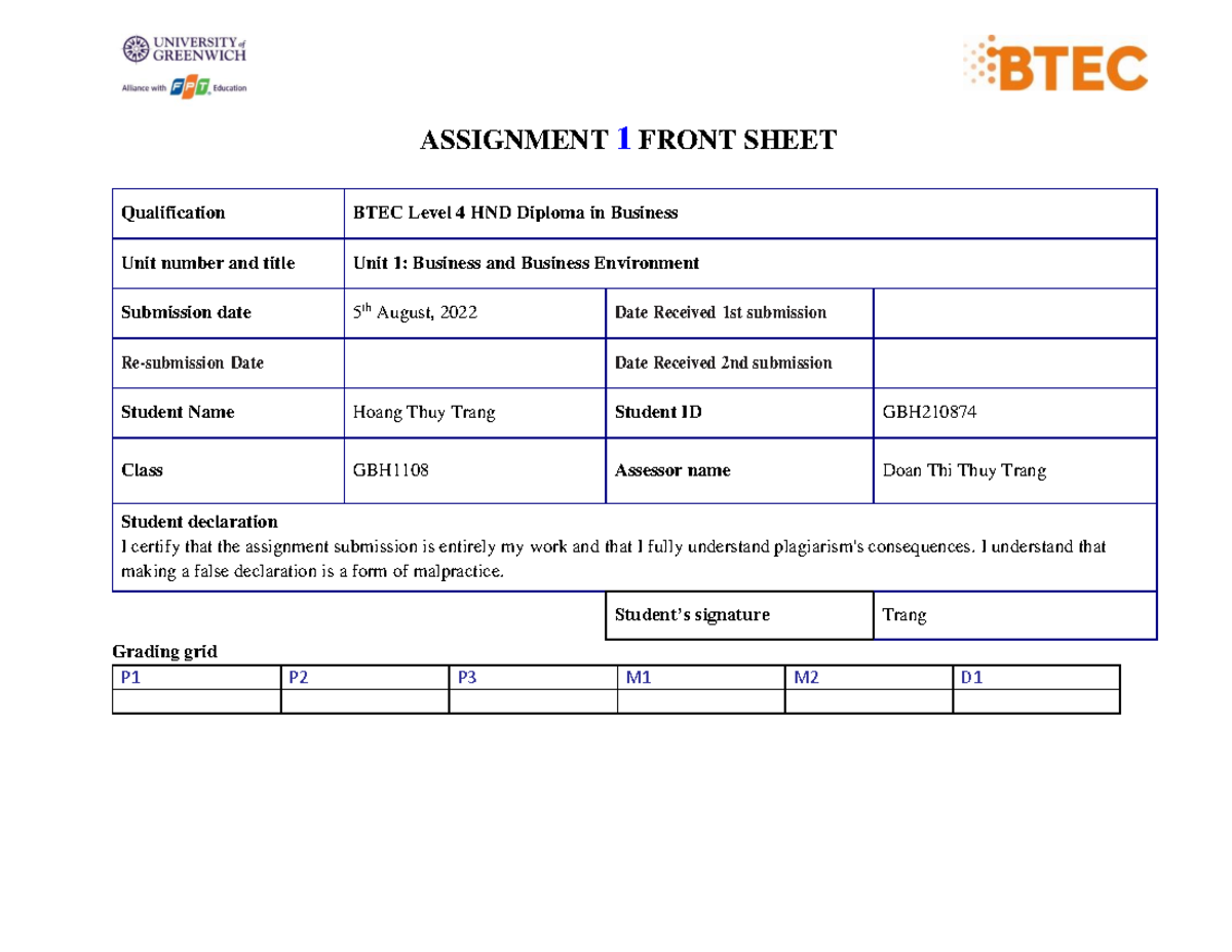 Assignment 1 HTT - ASSIGNMENT 1 FRONT SHEET Qualification BTEC Level 4 HND Diploma in Business ...