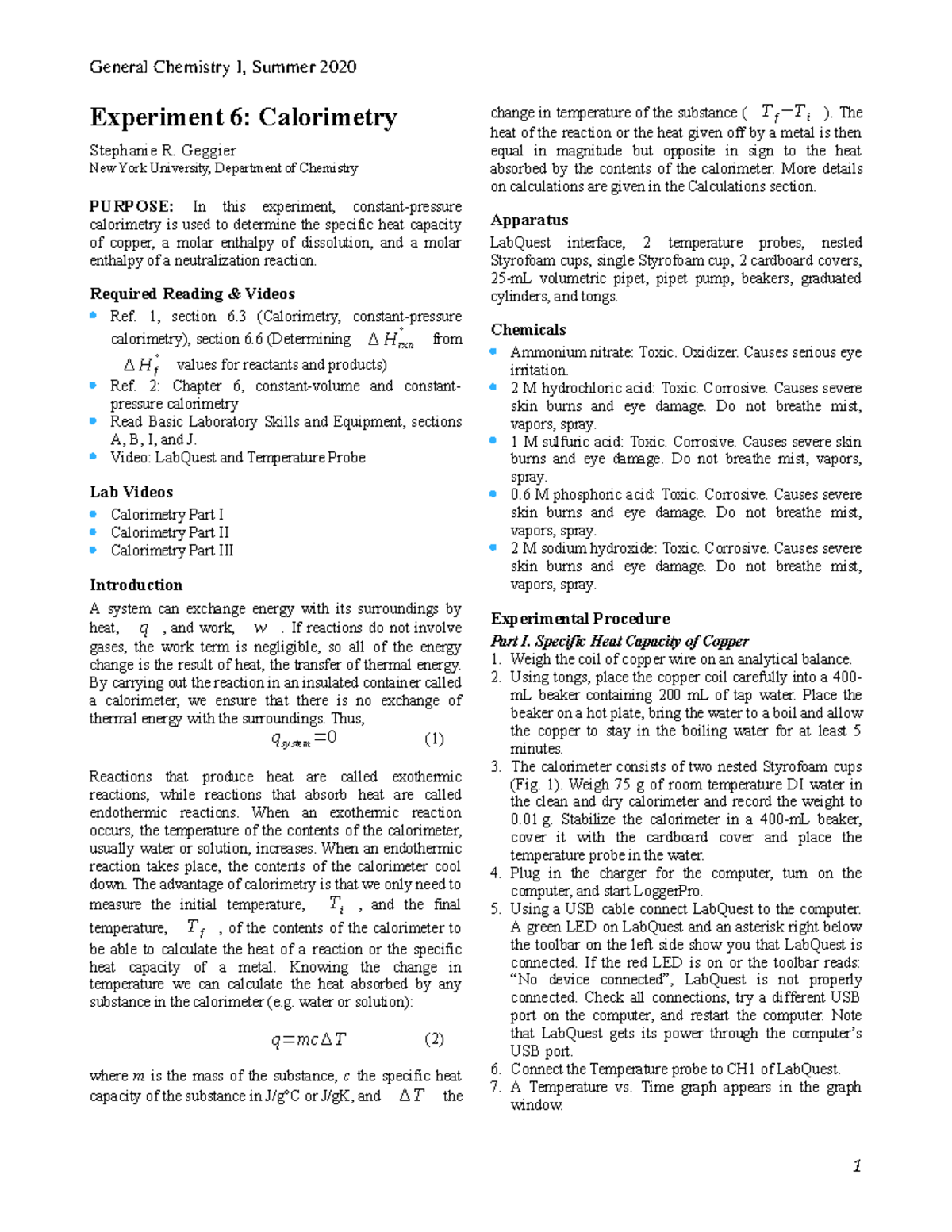 Experiment 6 Calorimetry Su20 - Experiment 6: Calorimetry Stephanie R ...