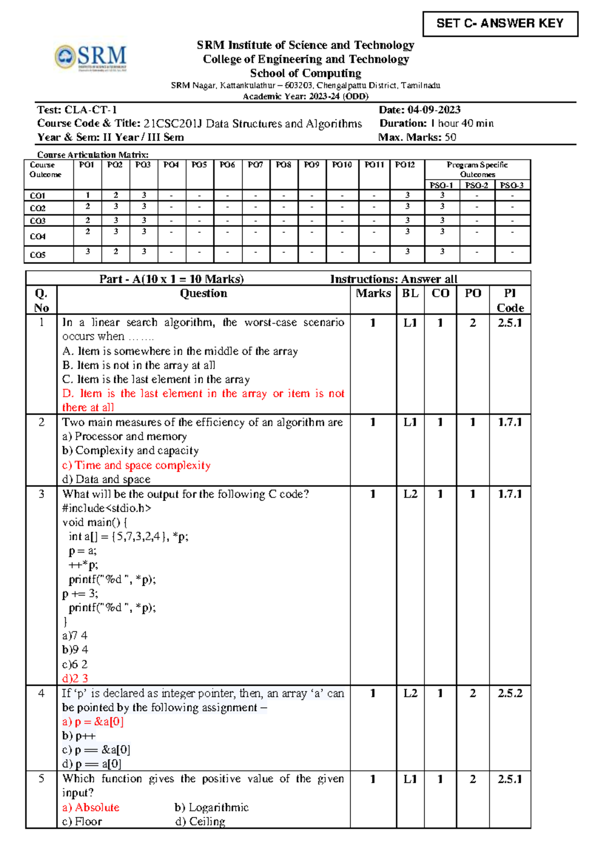 SET C Answer key 06-09-2023 CSE CORE - SRM Institute of Science and ...