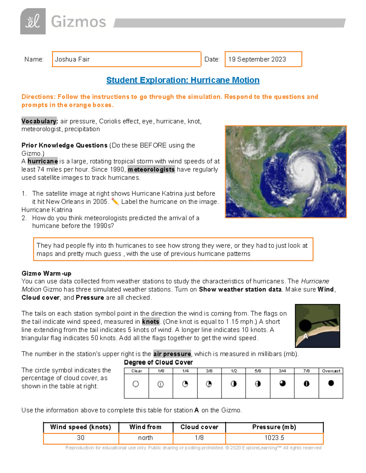 Hurricane Motion Gizmo - Name: Joshua Fair Date: 19 September 2023 ...