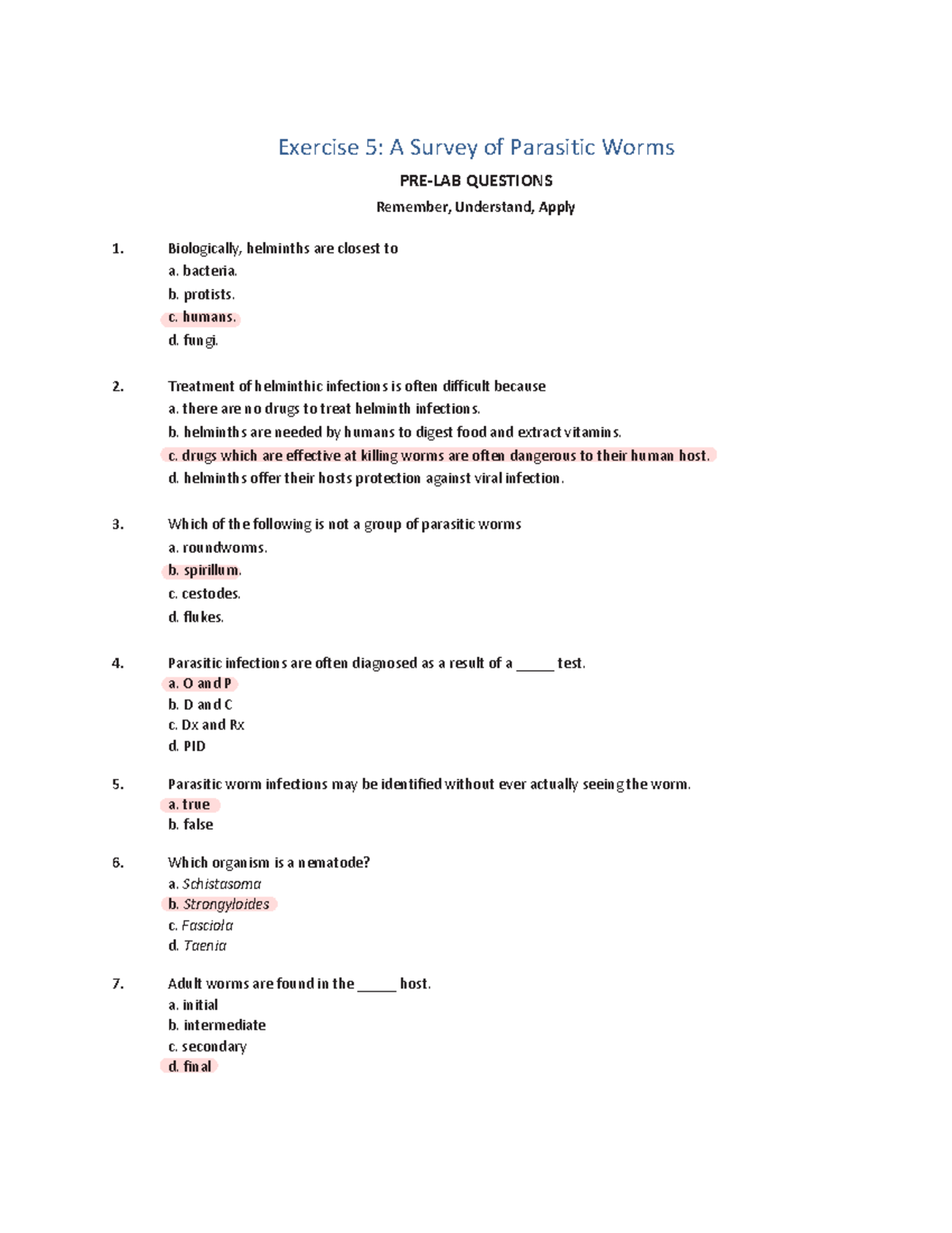 Exercise 5, questions, worms - Exercise 5: A Survey of Parasitic Worms ...