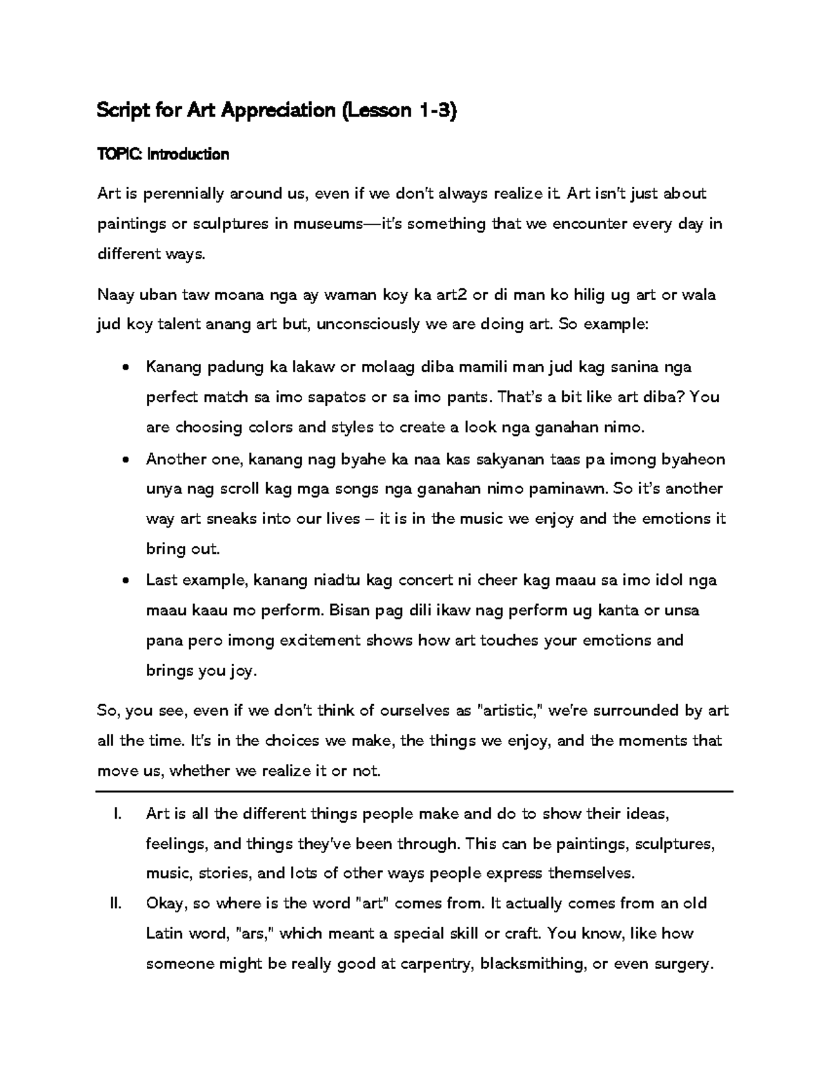 Script for Art Appreciation Introduction - Script for Art Appreciation ...