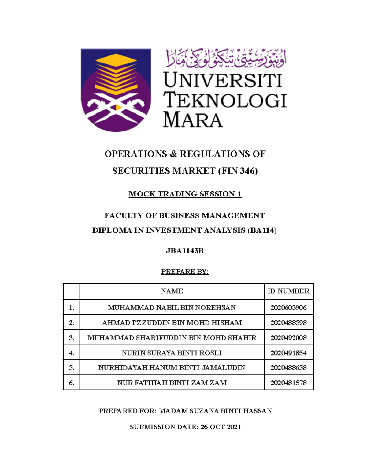 MOCK Trading Session 1 - FIN346 - diploma investment analysis - UiTM ...