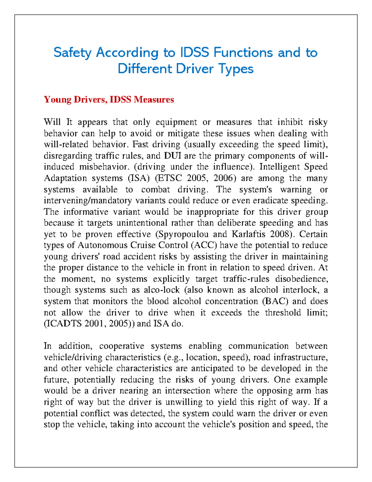 Young Drivers, IDSS Measures - Safety According to IDSS Functions and ...