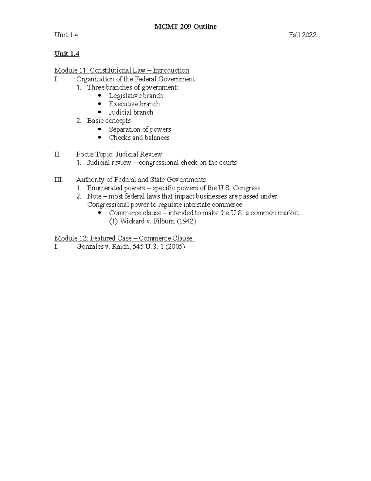 Unit 1.4 Outline - class notes - MGMT 209 Outline Unit 1 Fall 2022 Unit ...