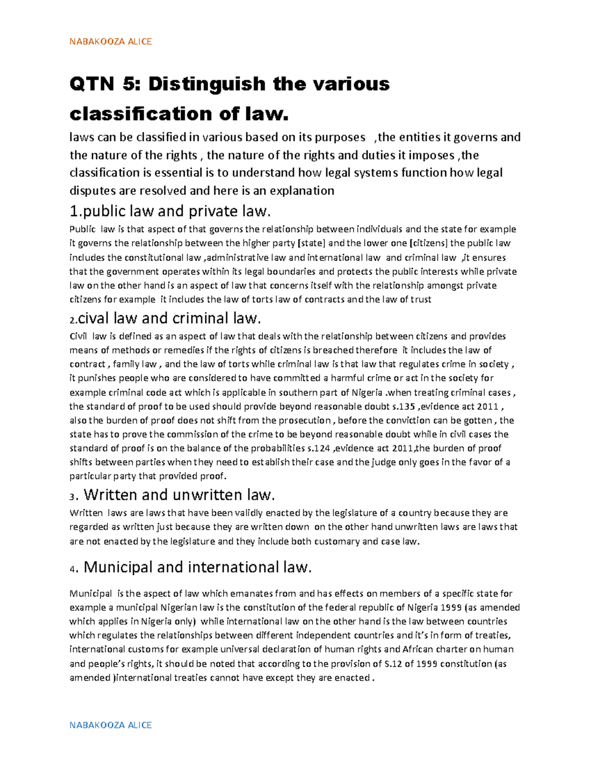 Foundations OF LAW Course WORK - NABAKOOZA ALICE NABAKOOZA ALICE QTN 5 ...