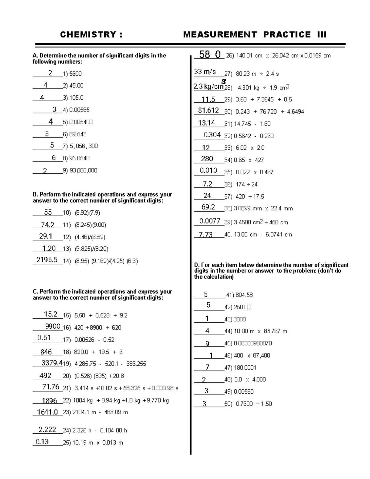 Sig Figs Worksheet-1 - math in chemistry - A. Determine the number of ...