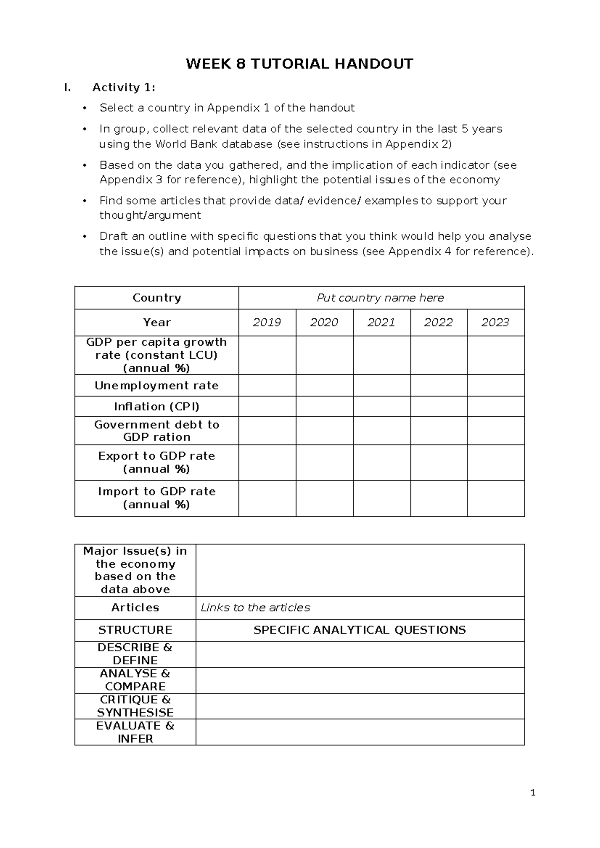 Week 8 Tutorial Handout Week 8 Tutorial Handout I Activity 1 Select A Country In Appendix