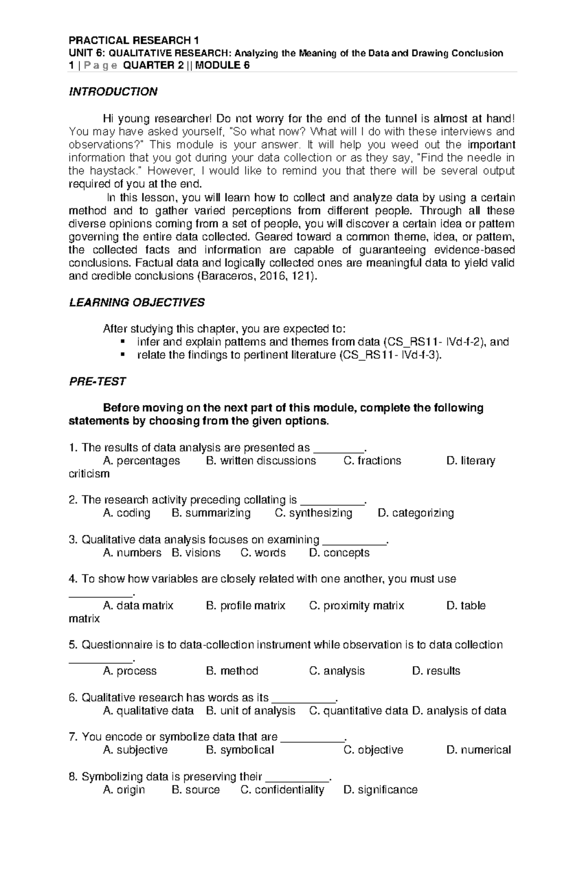 PRACTICAL RESEARCH 1 - UNIT 6: QUALITATIVE RESEARCH: Analyzing the ...