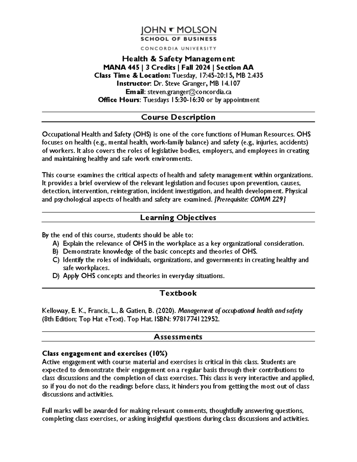 MANA 445-AA F2024 Course outline - Health & Safety Management MANA 445 ...