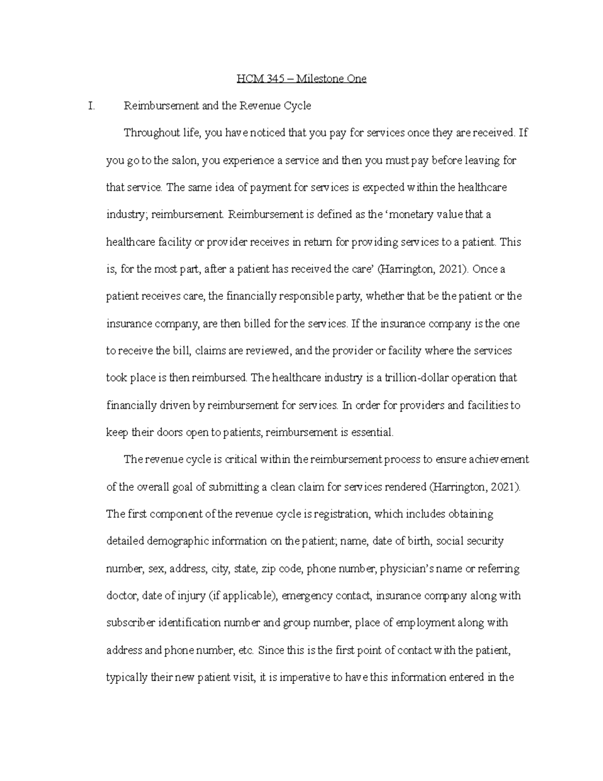 HCM 345 Milestone ONE - HCM 345 – Milestone One I. Reimbursement and ...