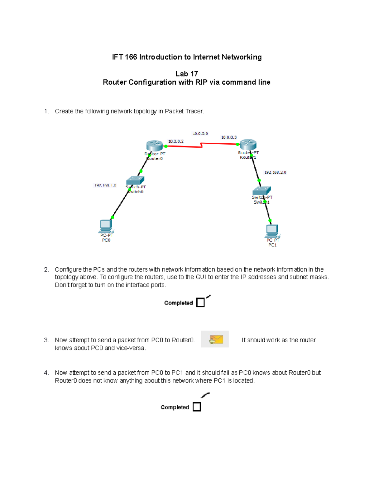 Lab 17 (Router Configuration with RIP via command line - IFT 166 Introduction to Internet ...