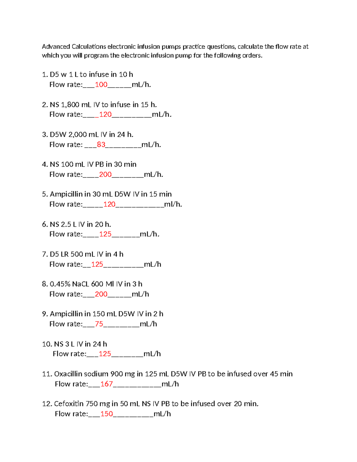 Advanced Calculations electronic infusion pumps practice Answer Key ...