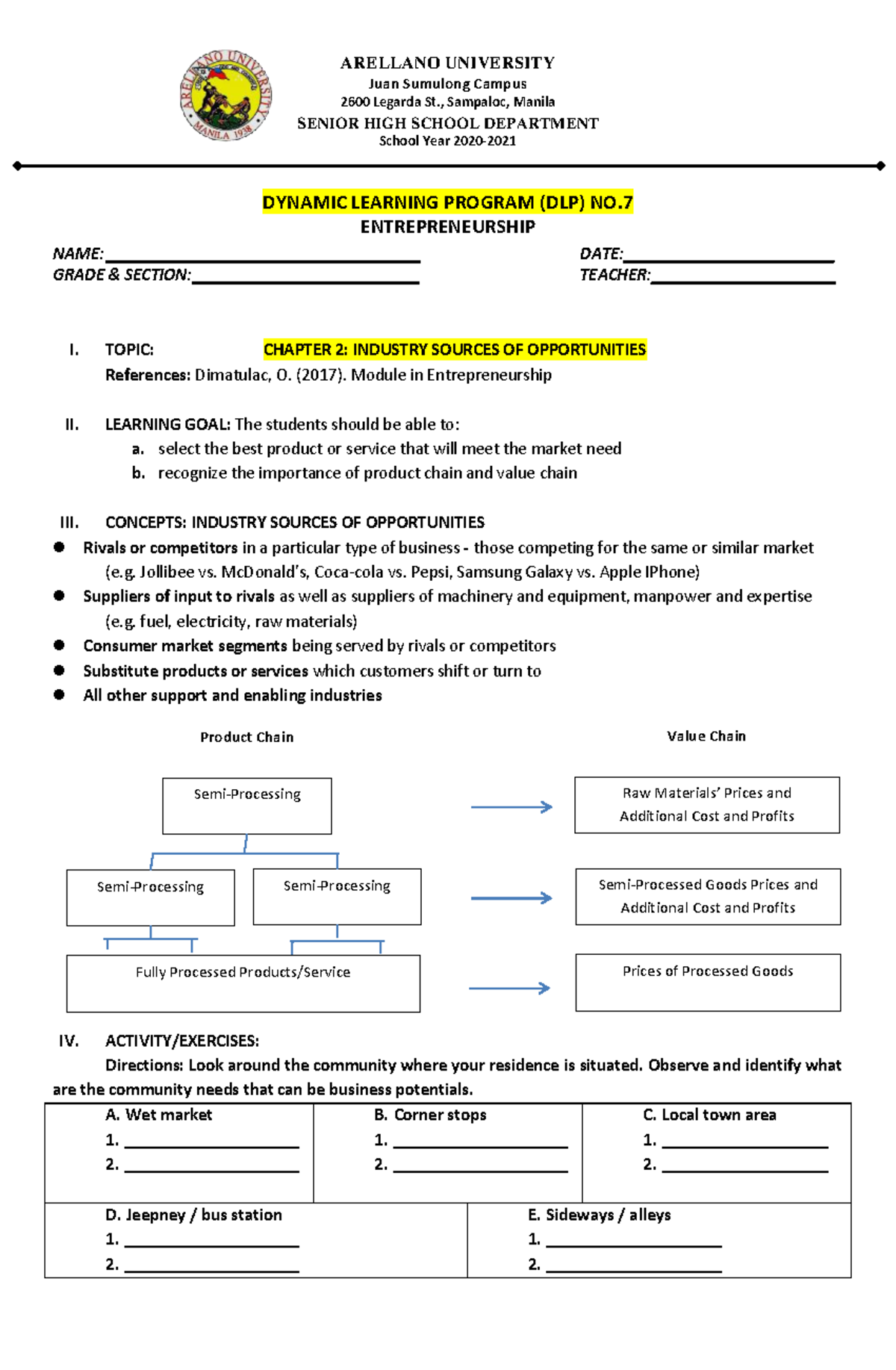 Chapter 2 DLP 7 Industry Sources OF Opportunities - ARELLANO UNIVERSITY Juan Sumulong Campus ...