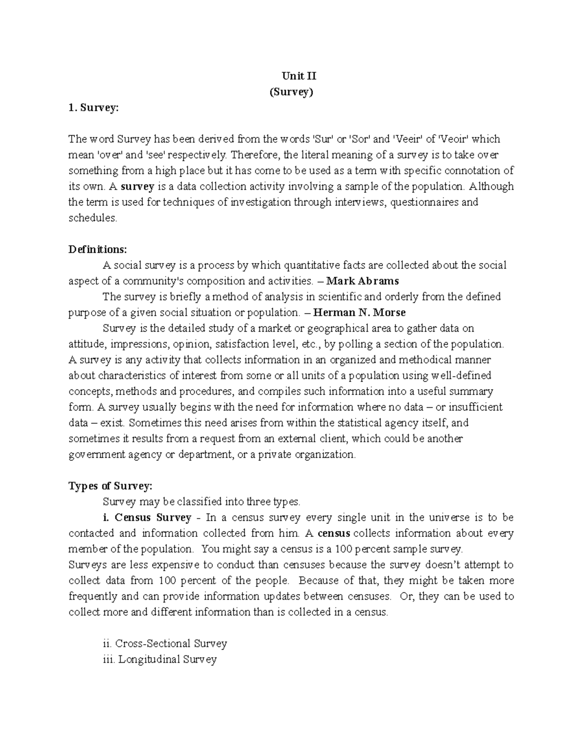Unit 2 - Notes on Unit-2 - Unit II (Survey) Survey: The word Survey has ...