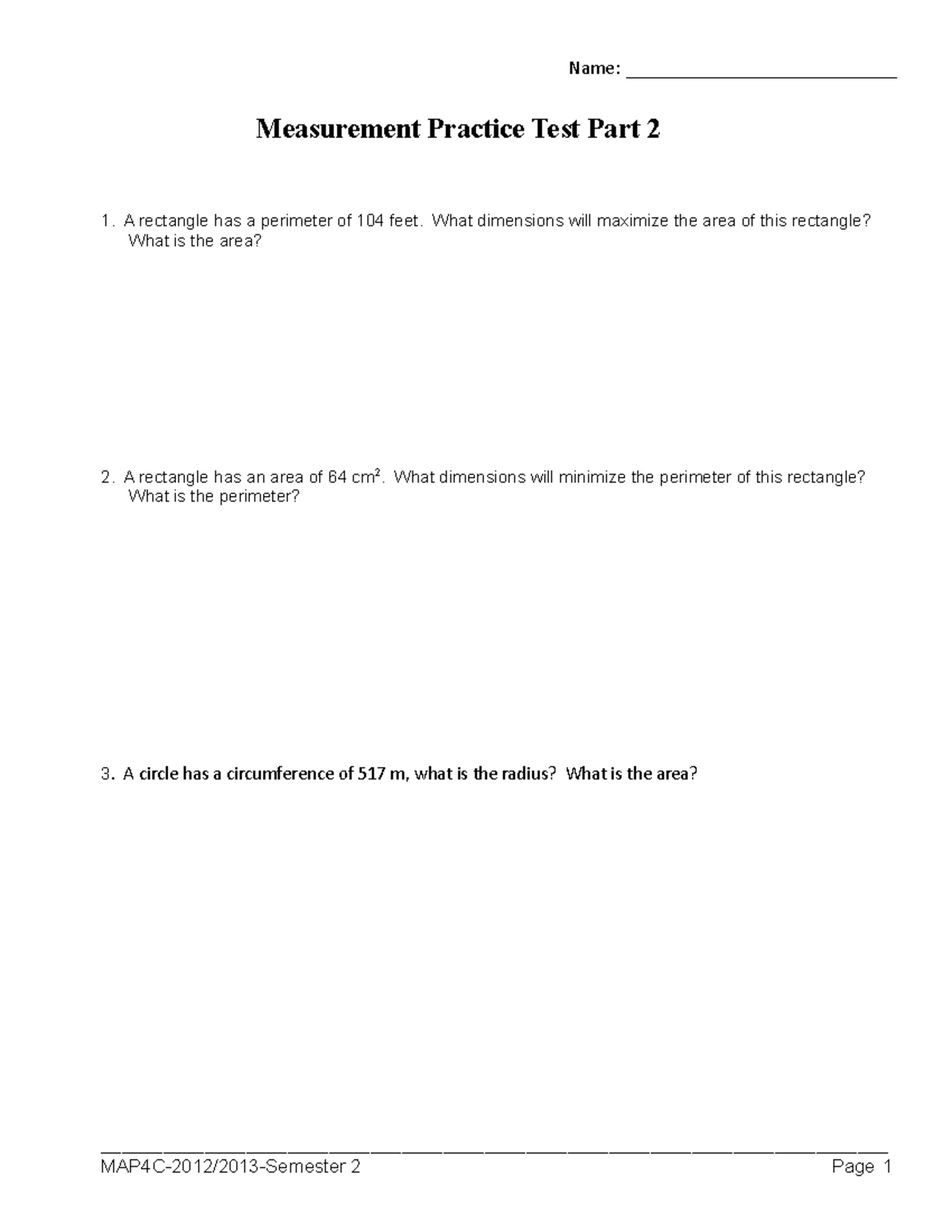 Review 2 - Measurement Practice Test Part 2 A rectangle has a perimeter ...