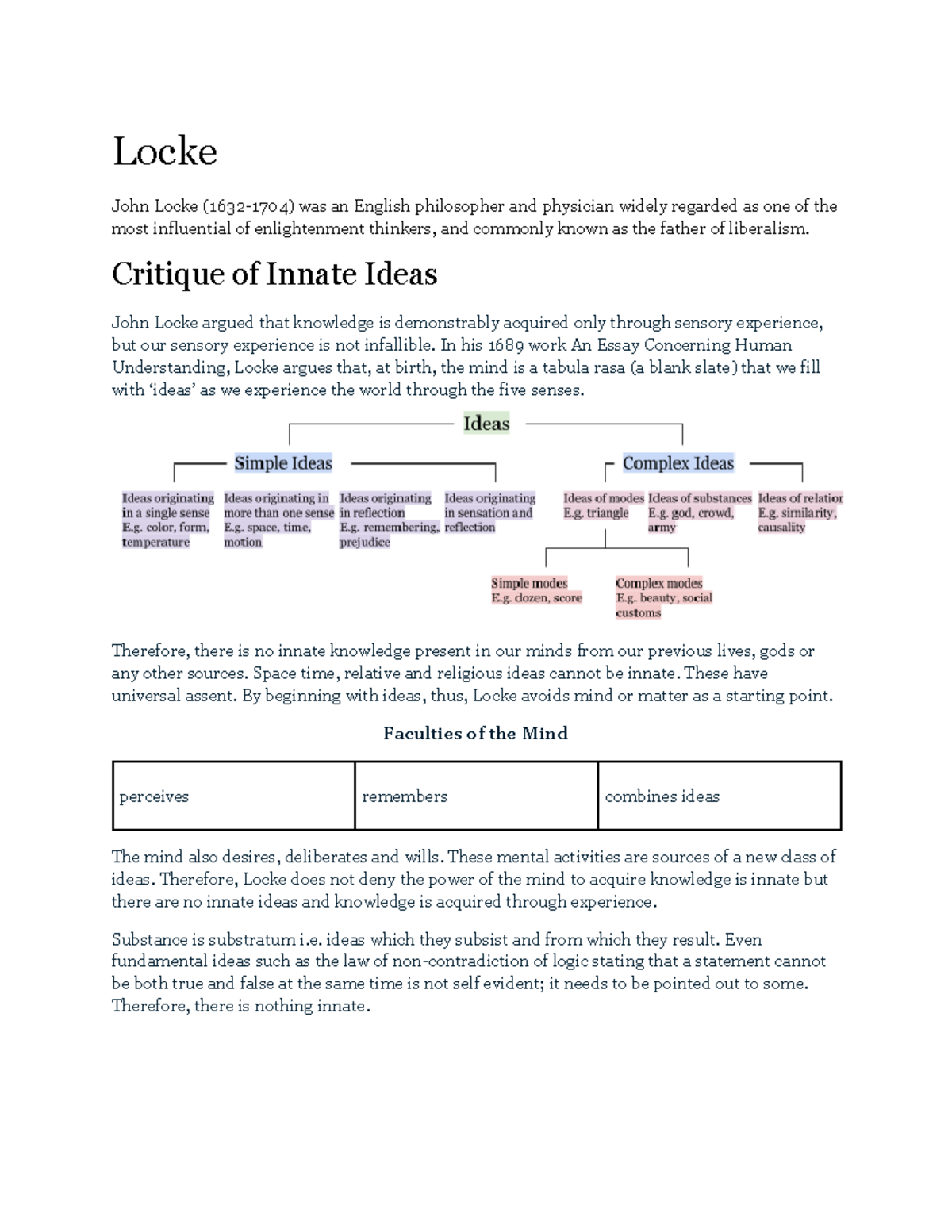 Empiricism - Summary Philosophy Honours - Locke John Locke (1632-1704 ...