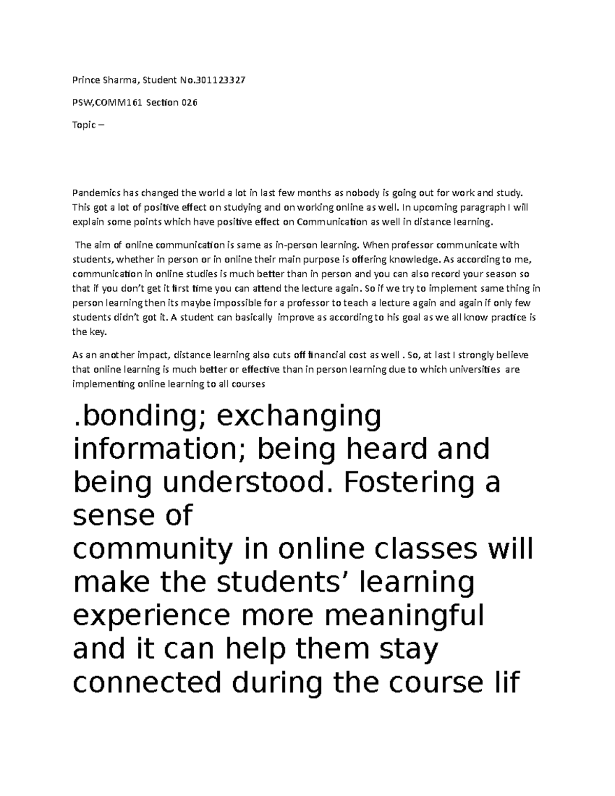 PSW assignment for COMM-161 - Prince Sharma, Student No. PSW,COMM161 Section 026 Topic ...