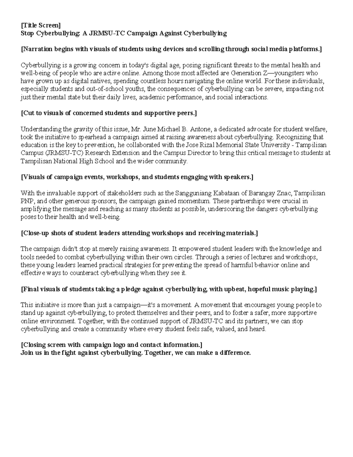 Cyberbullying Script - [Title Screen] Stop Cyberbullying: A JRMSU-TC ...