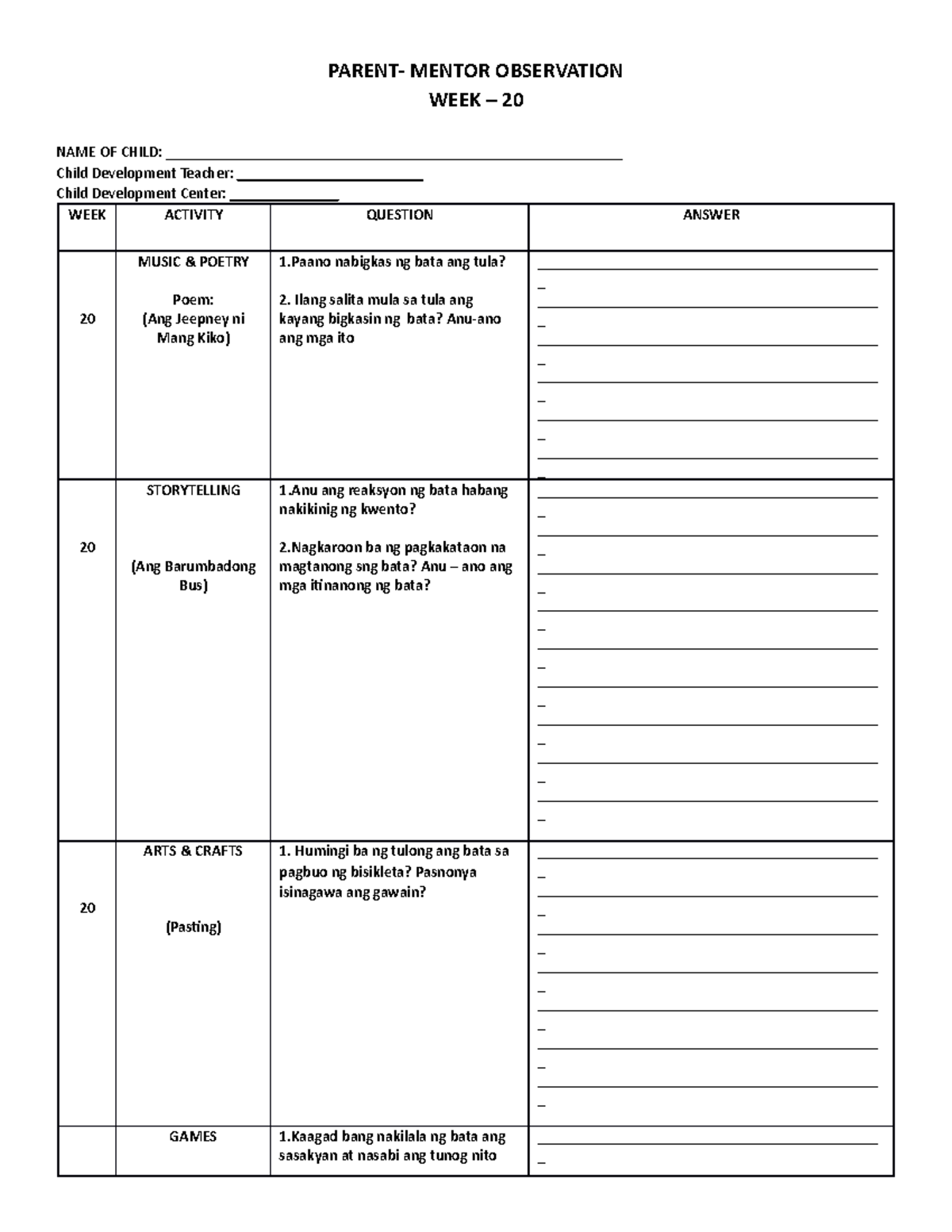 Parent Mentor Observation CDC 2 - PARENT- MENTOR OBSERVATION WEEK – 20 ...