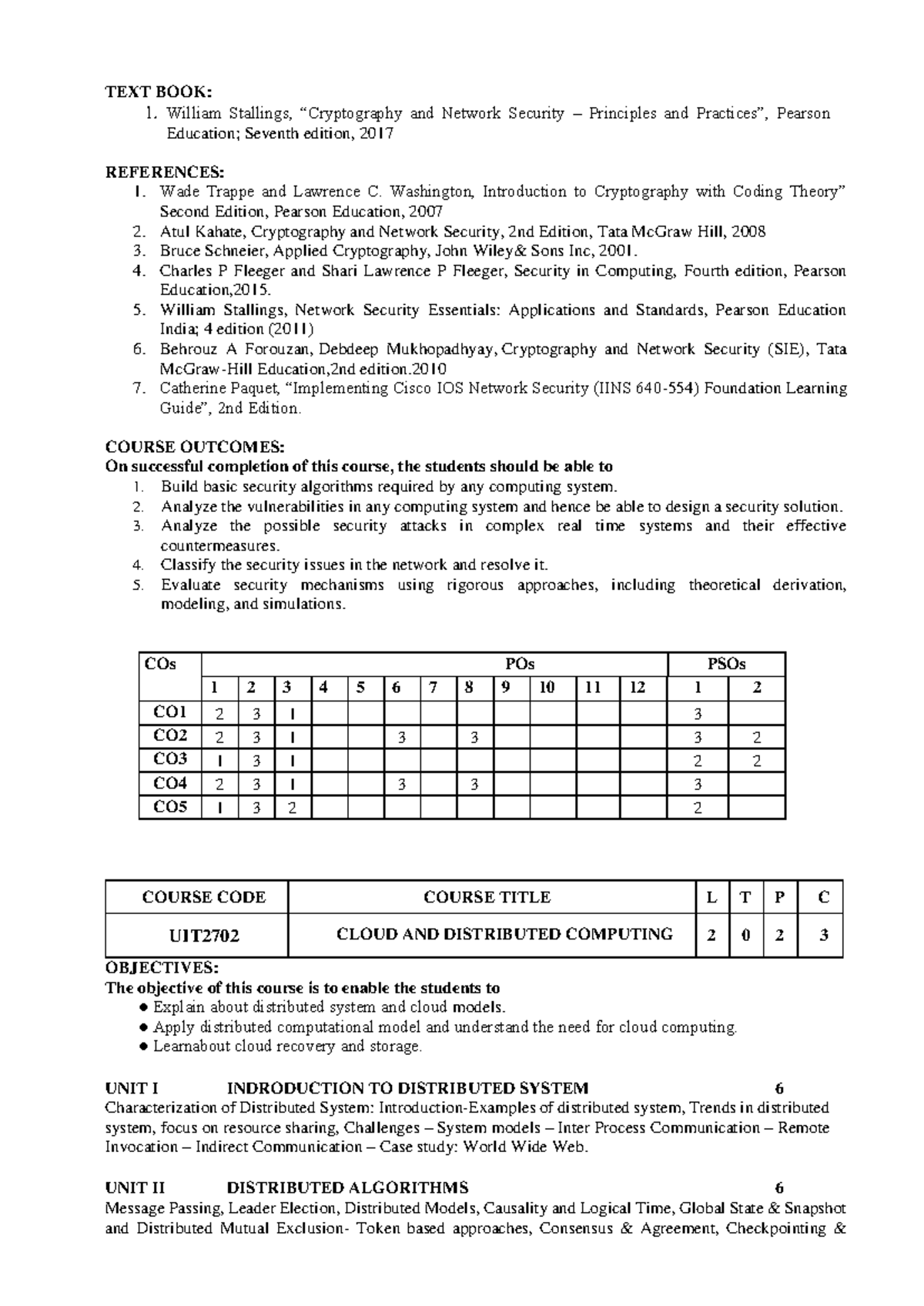 Cloud syllabus - TEXT BOOK: 1. William Stallings, “Cryptography and ...