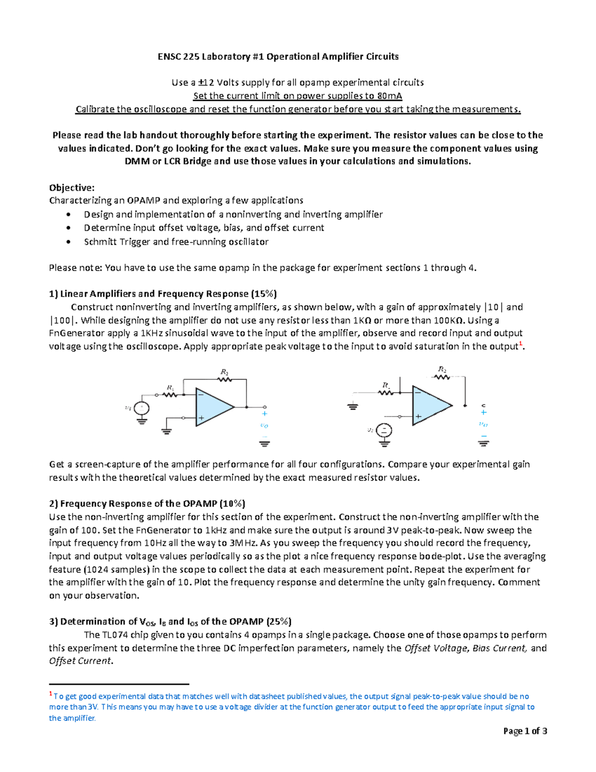 Lab1 - lab1 - Page 1 of 3 ENSC 225 Laboratory #1 Operational Amplifier ...