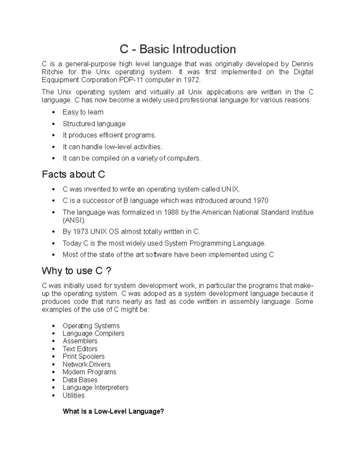 Unit 1-1 - Master of computer application - C - Basic Introduction C is a general-purpose high ...