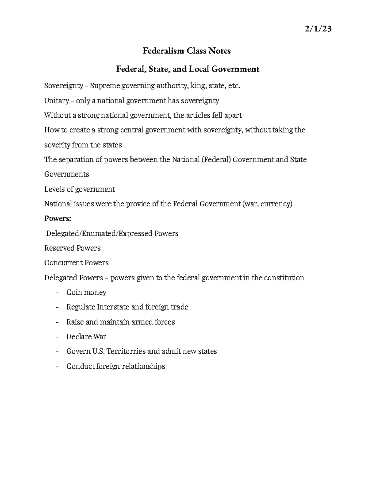 Federalism Class Notes - 2/1/ Federalism Class Notes Federal, State ...