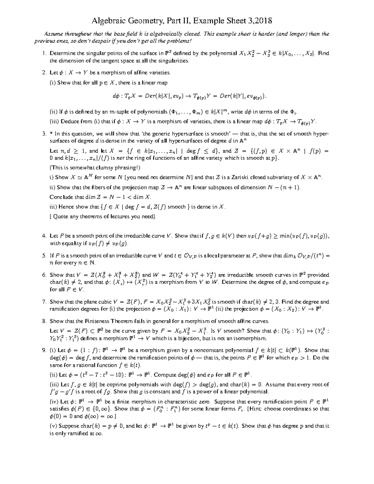 Algebraic Geometry 2017-2018 Example Sheet 3 - Algebraic Geometry, Part ...