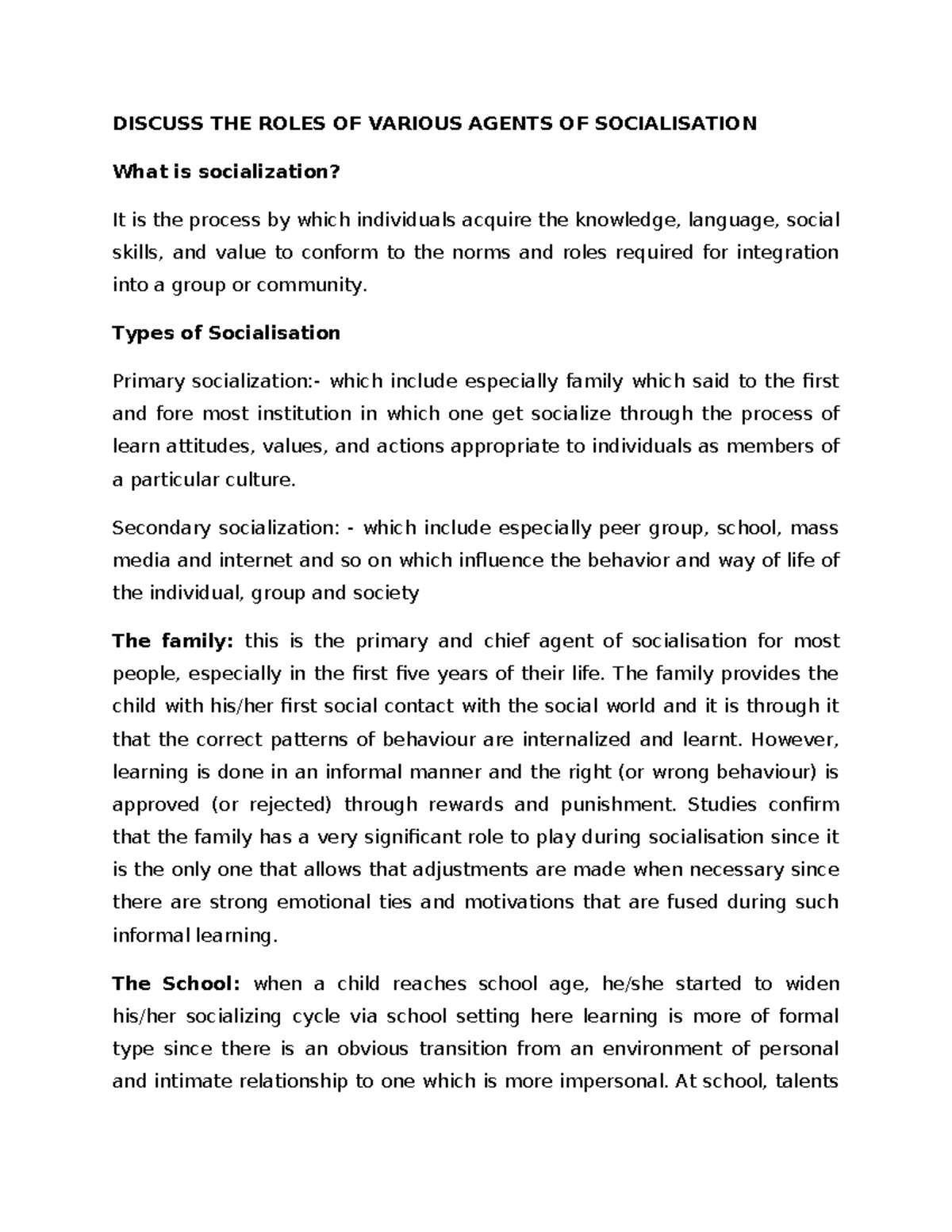 Sociology scialisation - DISCUSS THE ROLES OF VARIOUS AGENTS OF ...