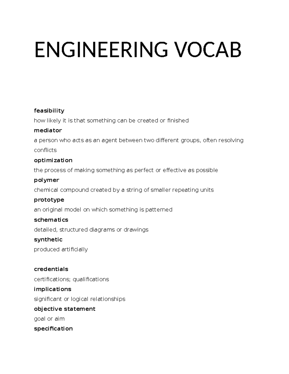 Engineering vocab - ENGINEERING VOCAB feasibility how likely it is that ...