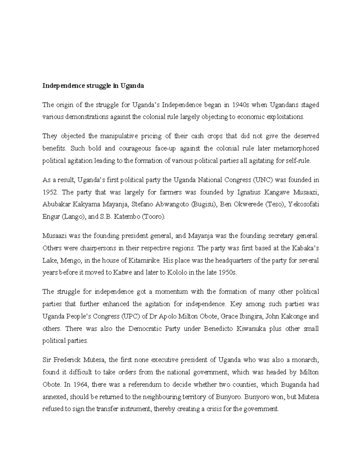 HIST 122 Independence - Lectures - Independence struggle in Uganda The ...