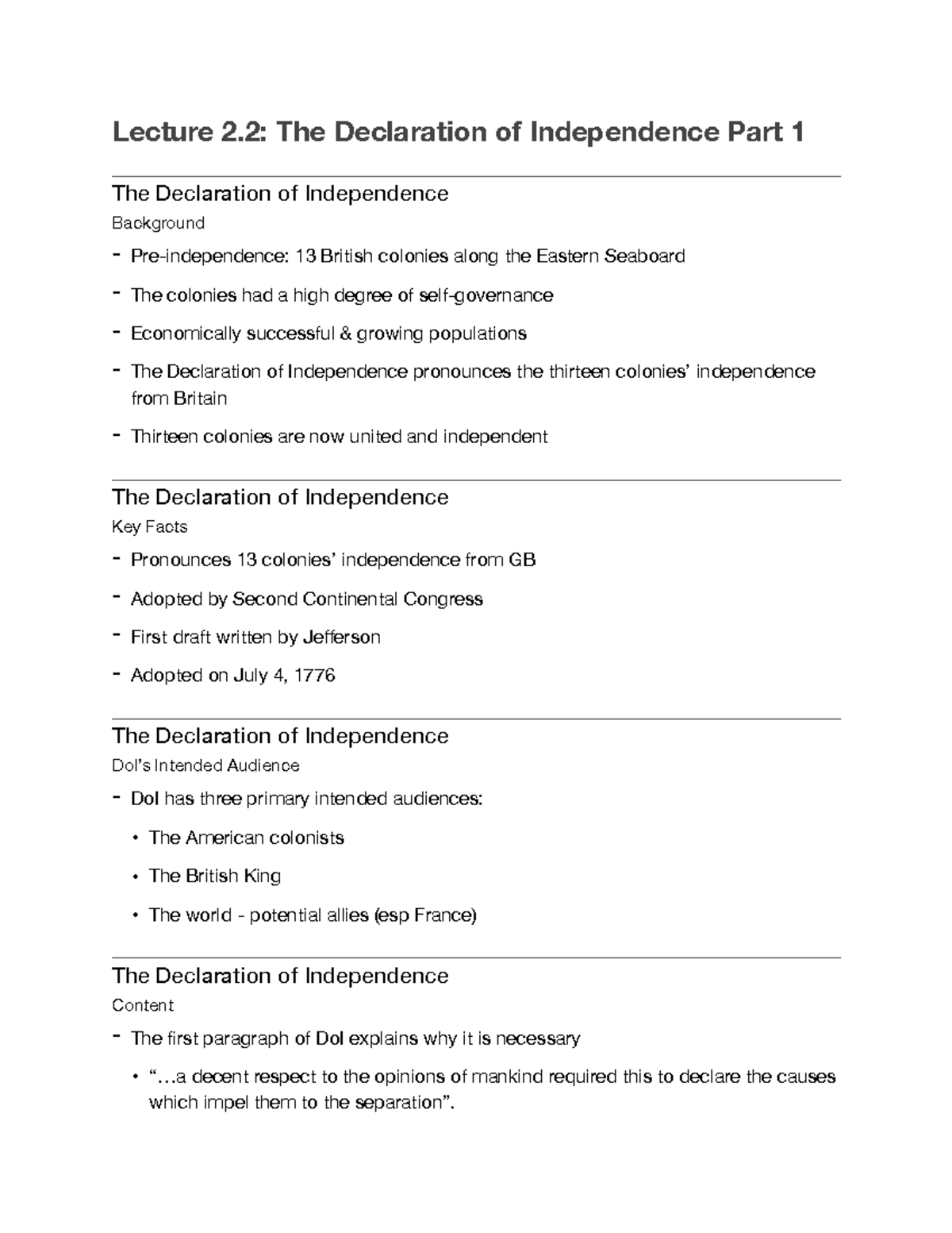 Lecture 2 - Lecture 2: The Declaration of Independence Part 1 The ...