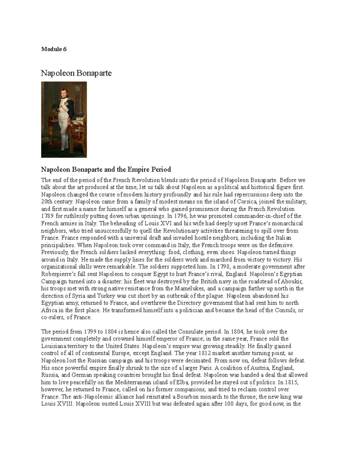 Art 1001 Module 6 Notes - Module 6 Napoleon Bonaparte Napoleon ...