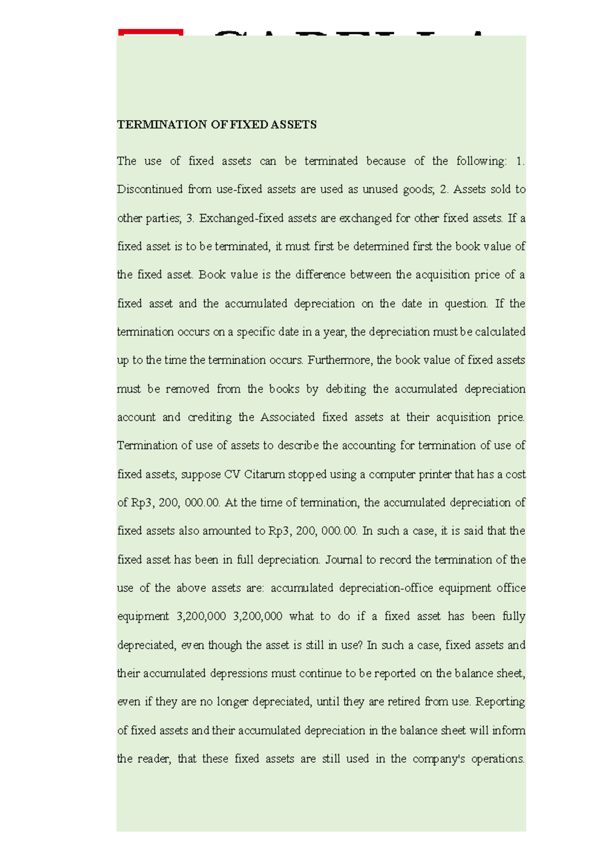 Notes Study Accounting - Termination OF Fixed Assets - TERMINATION OF ...