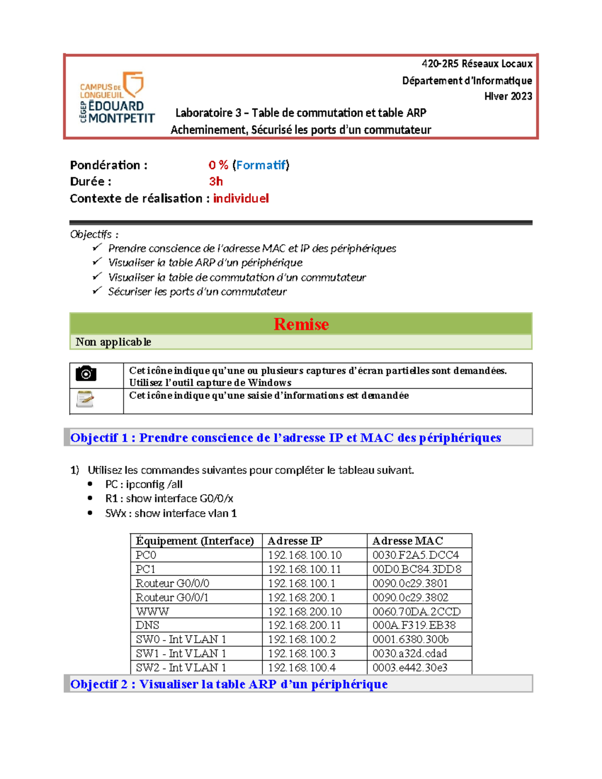 Laboratoire 3 - Commutation-ARP-Port Security - 420-2R5 Réseaux Locaux Département d ...