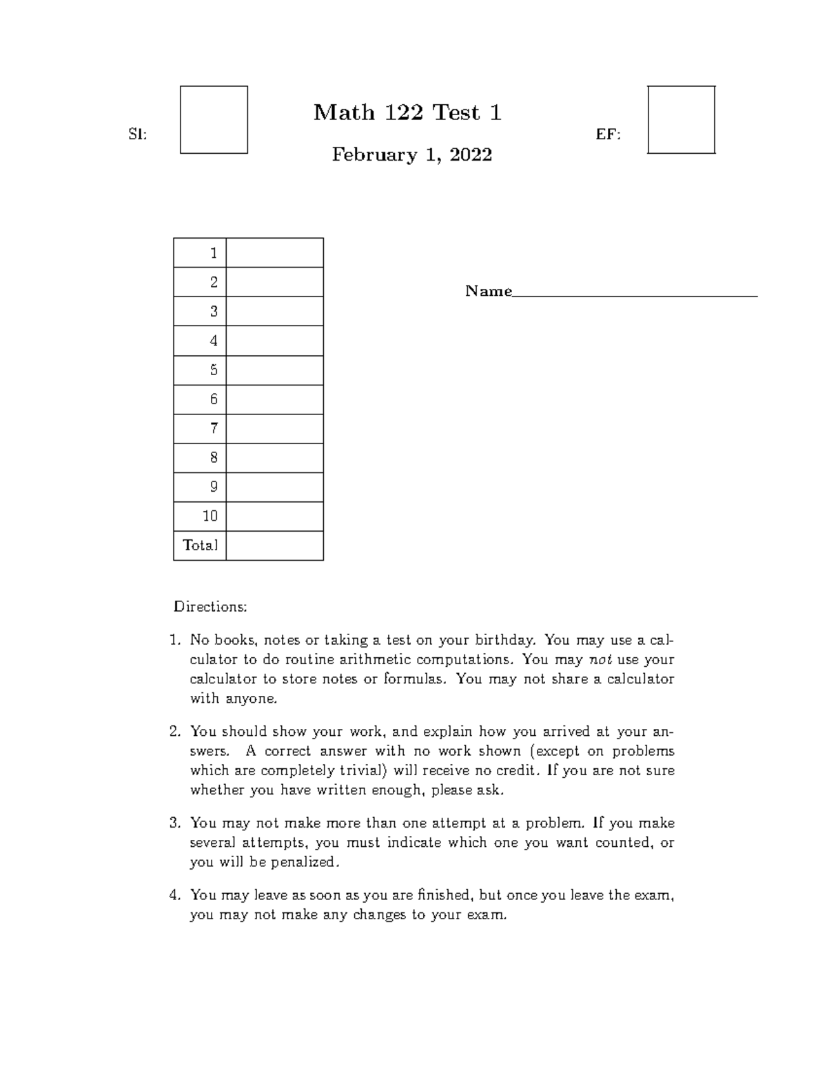 Math 122 Test 1 2022 spring paper - Math 122 Test 1 February 1, 2022 SI ...