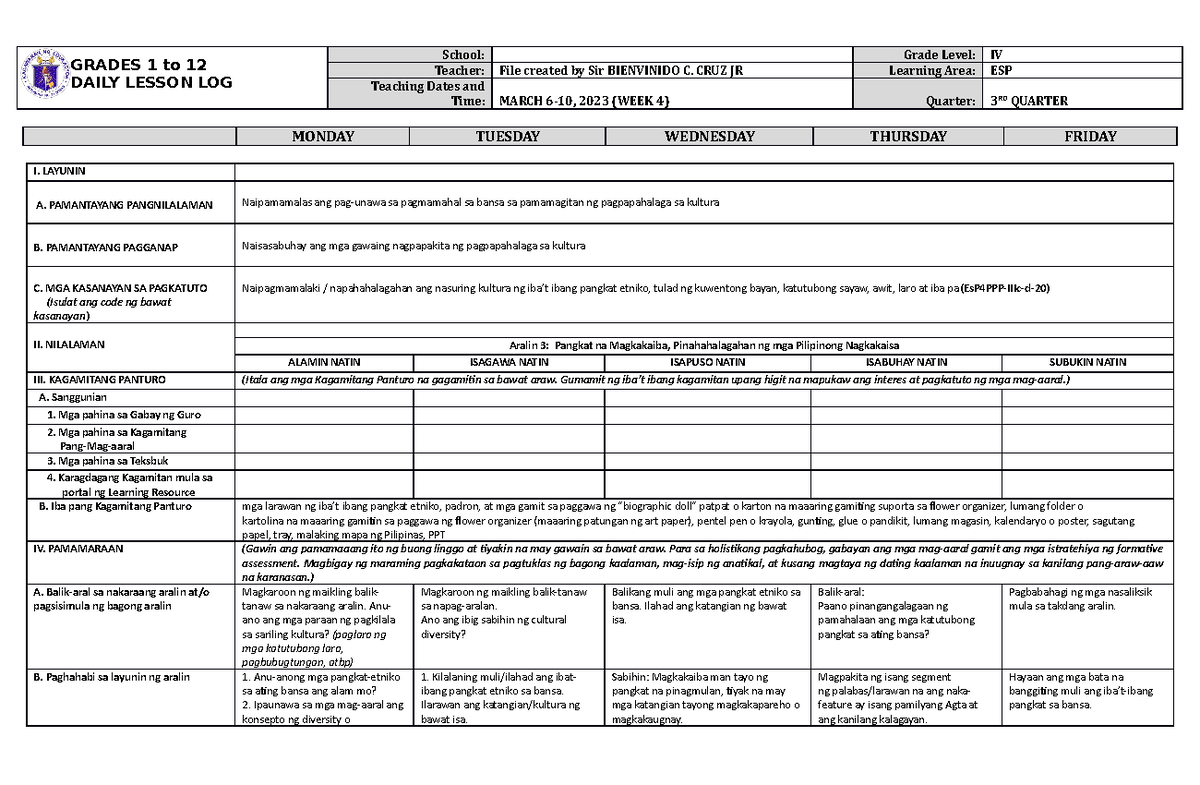 DLL ESP 4 Q3 W4 - sample - GRADES 1 to 12 DAILY LESSON LOG School ...