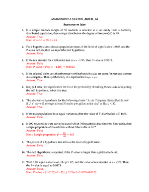 Key Answers Assignment-2 STAT-101 2020-21 Ist - Assignment-2(solution) STAT-101 (2020-21_Ist ...