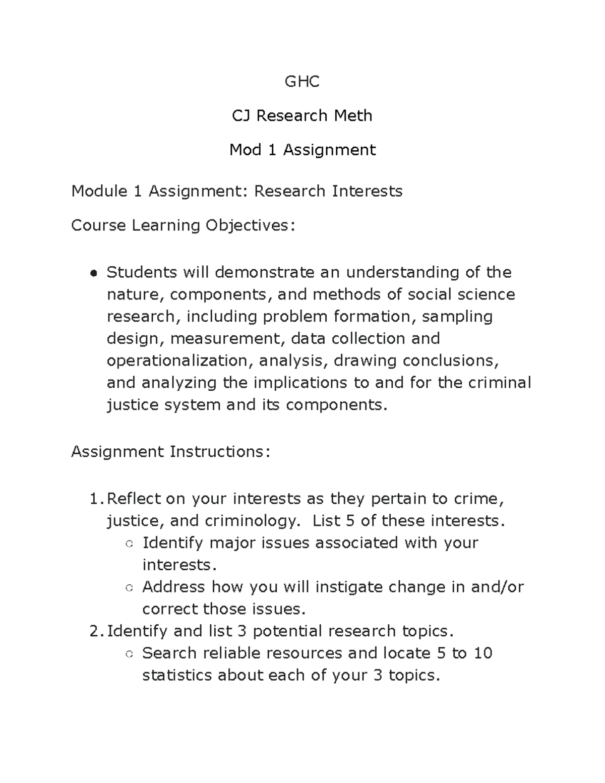 CJ METH Module 1 Assignment Research Interests - GHC CJ Research Meth Mod 1 Assignment Module 1 ...