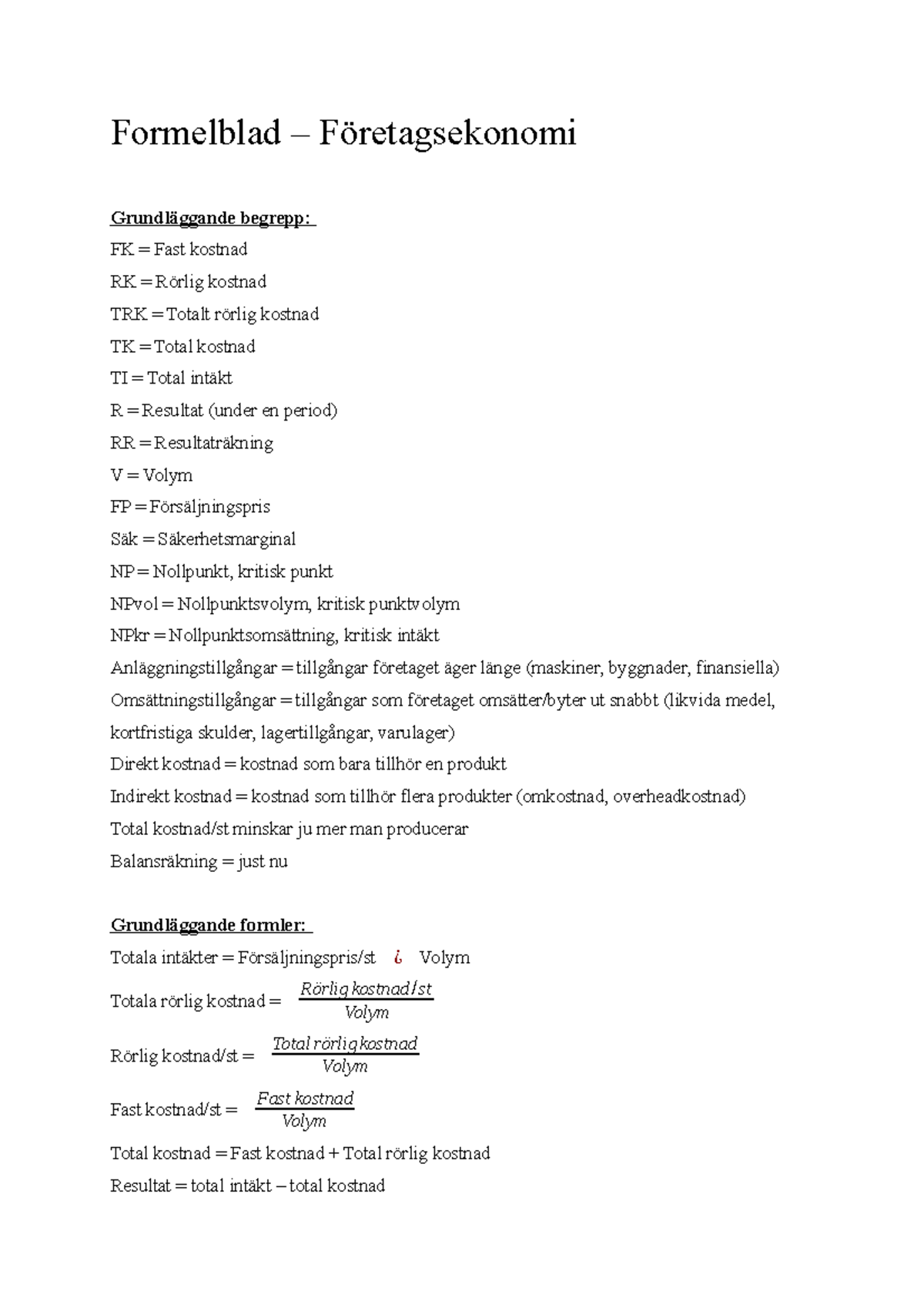 Formelblad grundläggande företagsekonomi - Formelblad – Företagsekonomi ...