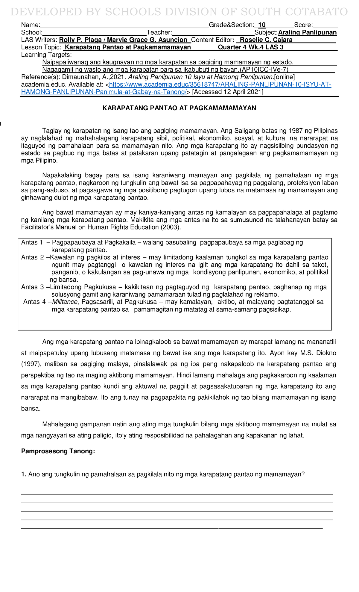 AP 10 Quarter 4 WEEK 4 LAS 3 1 - - Studocu