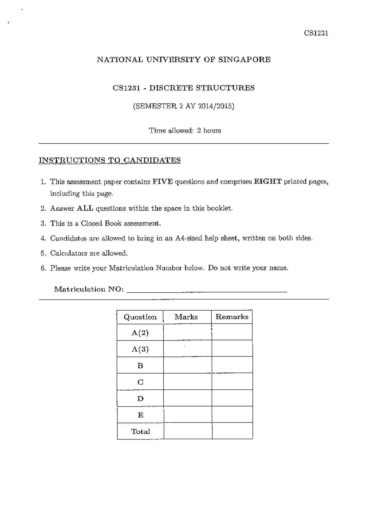 Exam 5 November 2014, questions - CS1231 - Studocu