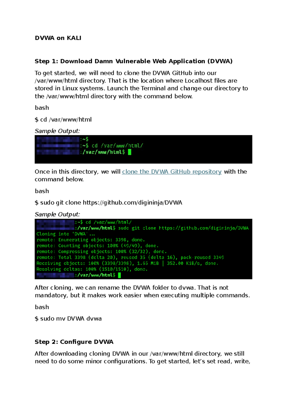 Ex01-DVWA on KALI - web security - DVWA on KALI Step 1: Download Damn Vulnerable Web Application ...