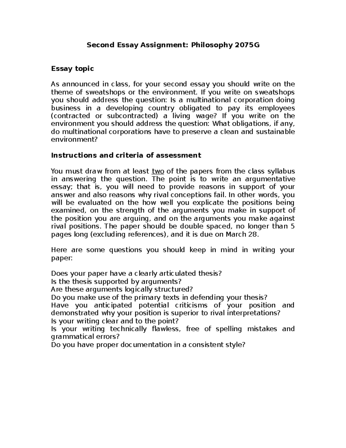 Second essay instructions - Second Essay Assignment: Philosophy 2075G ...
