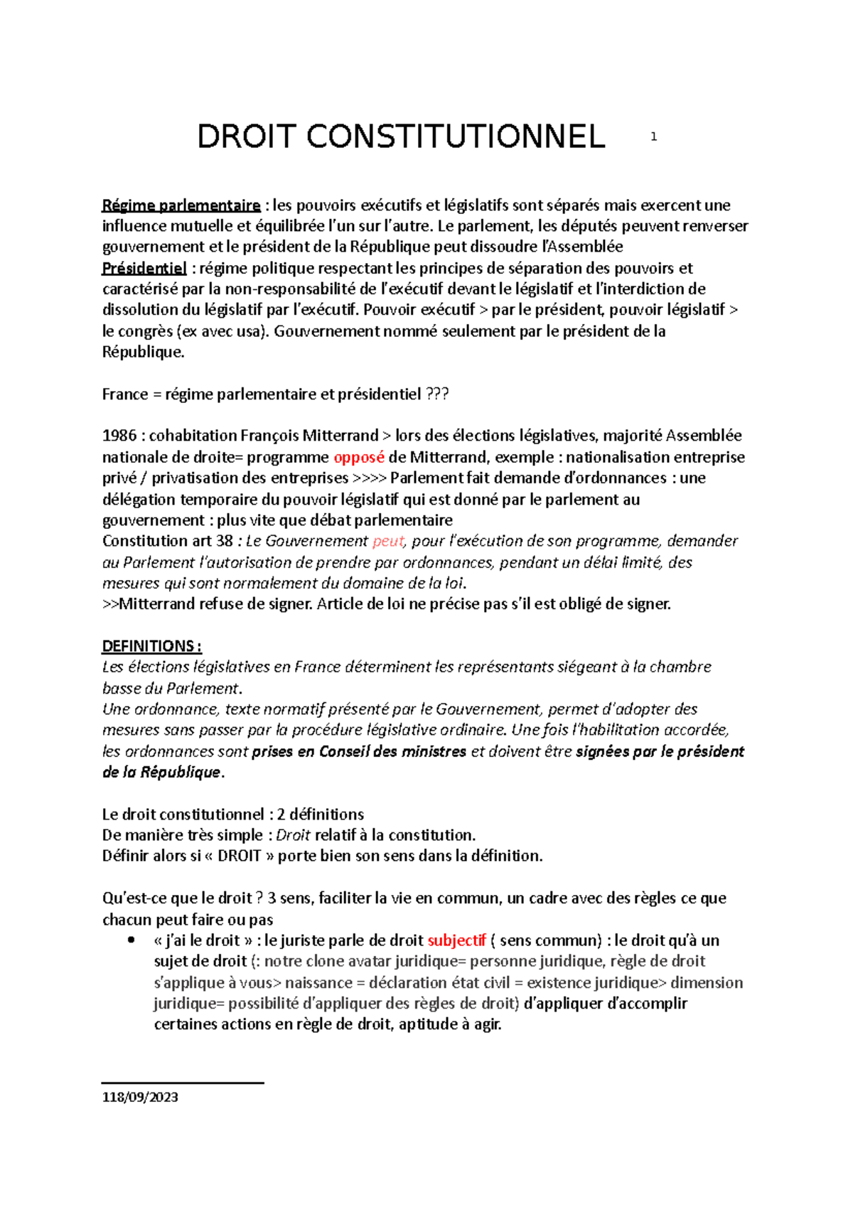 Droit Constit Copie - DROIT CONSTITUTIONNEL 1 Régime parlementaire ...